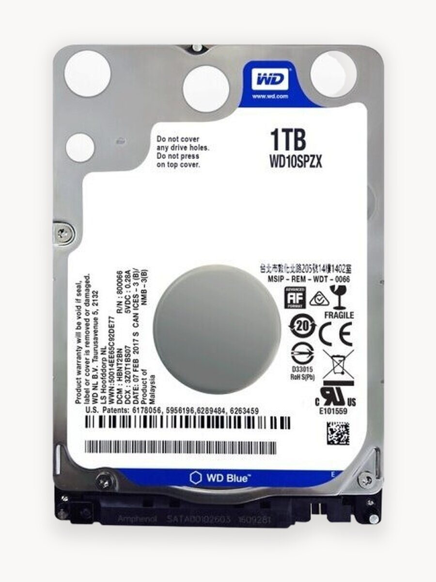 Жесткий диск 2.5" Western Digital WD Blue 1 ТБ, SATA III, 128 Mb, 5400 rpm (WD10SPZX)