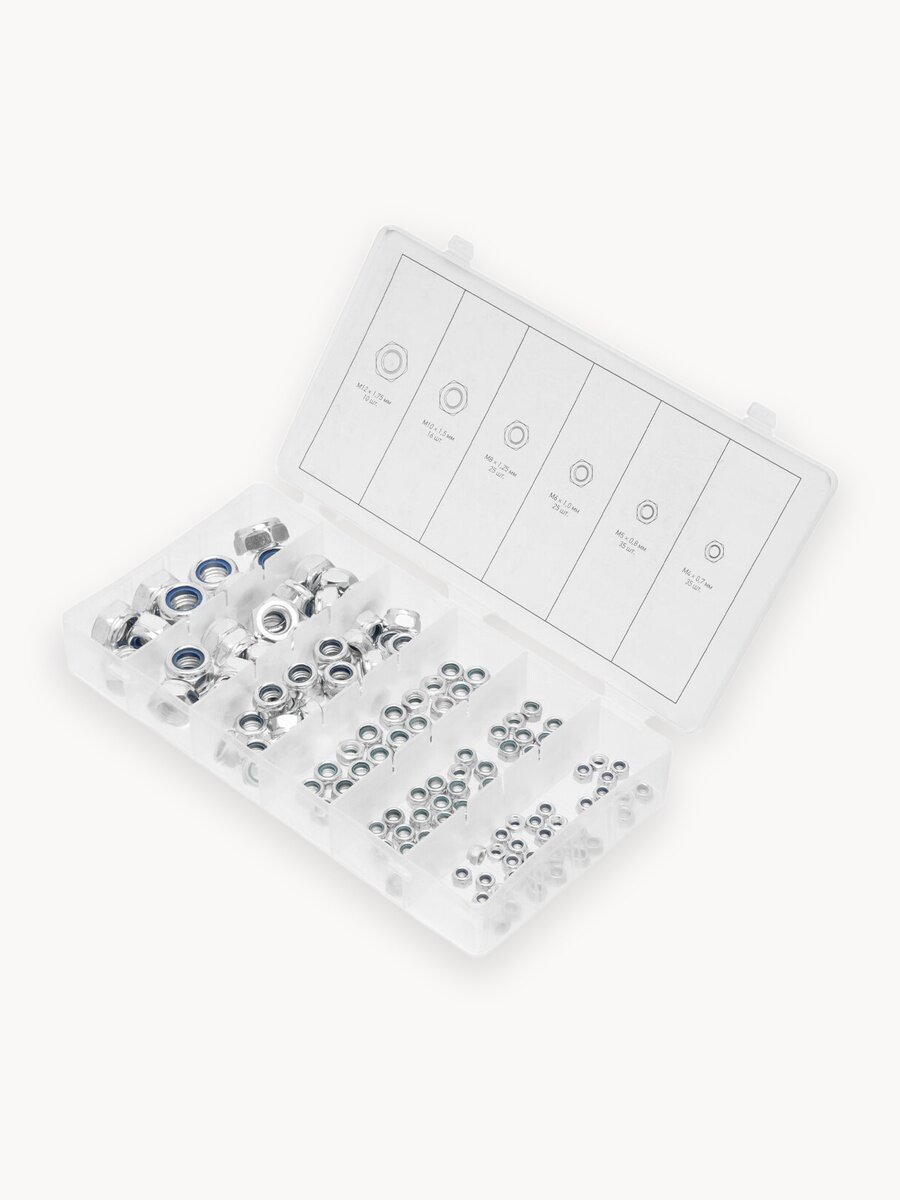 Набор гаек Сибртех М4, М5, М6, М8, М10, М12, самоконтрящиеся, с нейлоновой вставкой, 146 предметов 47613
