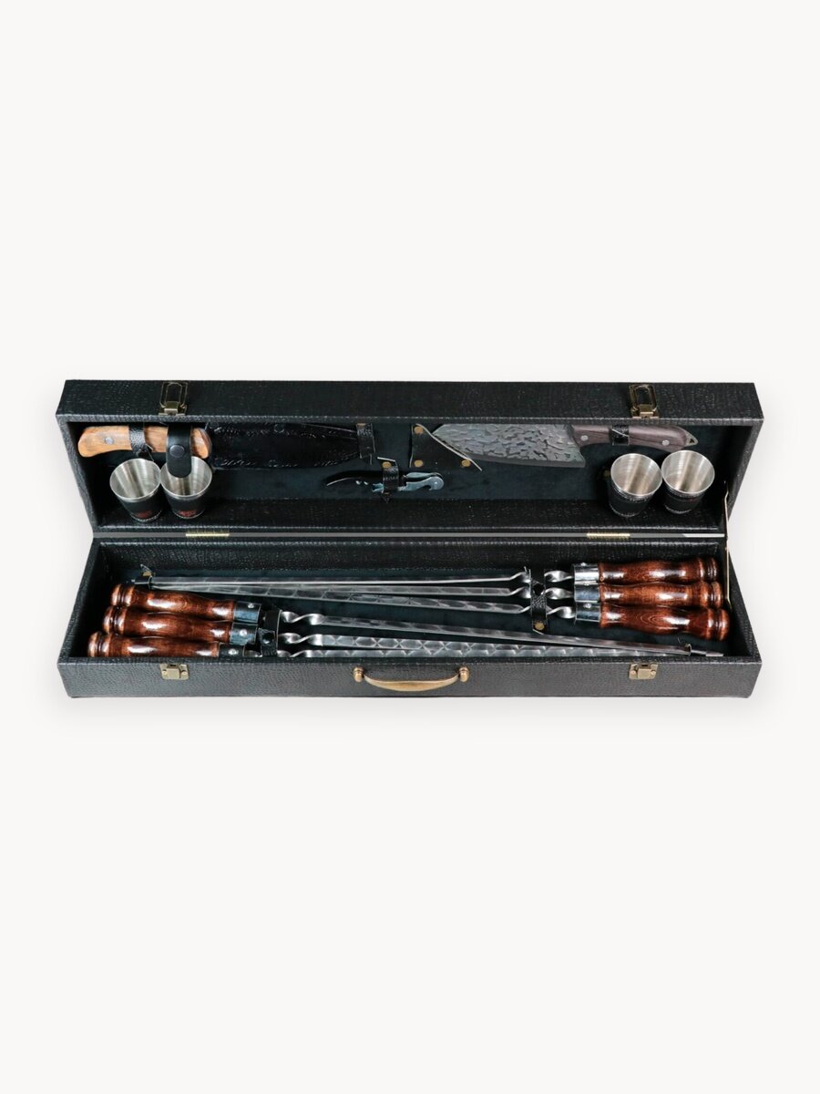 Шашлычный набор подарочный, набор шампуров в кейсе, шампура с деревянной ручкой