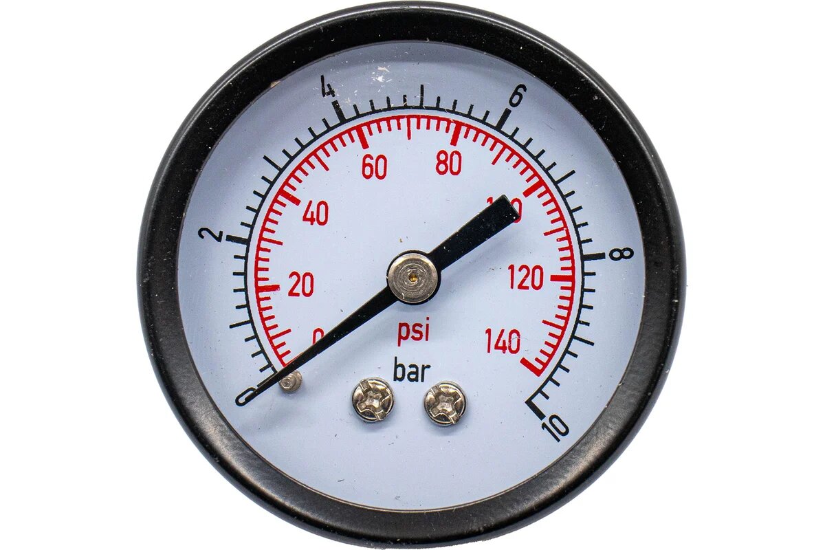 Манометр аксиальный Damento 1‑10 бар, 1/4″ с резьбовым соединением, шкала 0‑10 бар, класс точности 2.5, защита IP65, рабочая температура до +90 °C