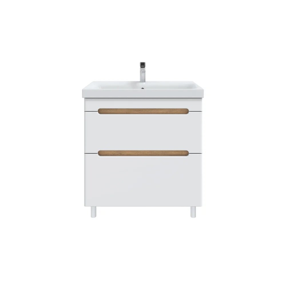 Тумба с раковиной SanStar Diva 80 напольная, 80, 5 см, белая, светлое дерево, матовая, из МДФ, с ящиками, раковина для ванной, фарфоровая, прямоугольная, встроенный слив-перелив
