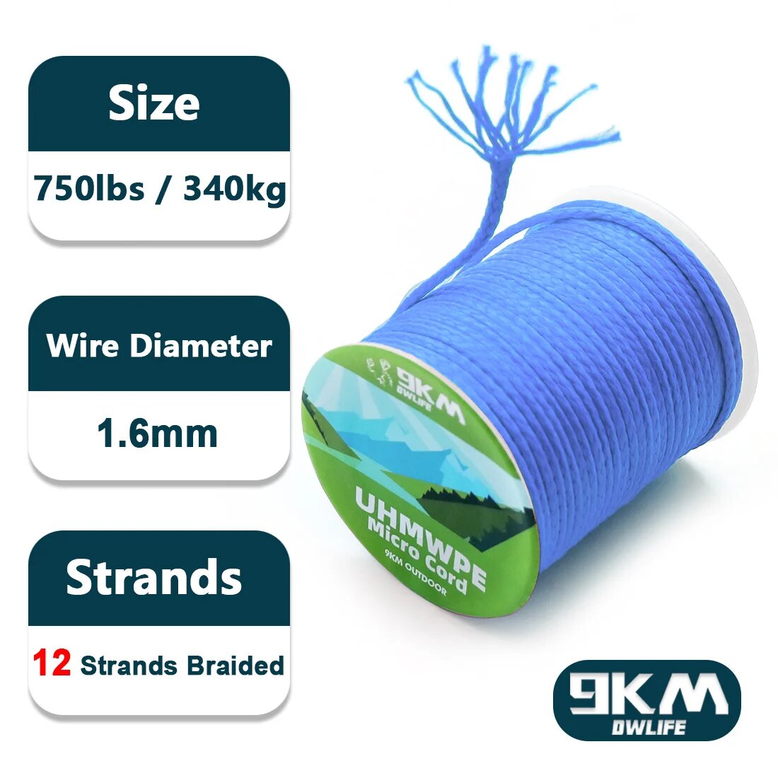 Синий UHMWPE шнур 9KM DWLIFE 1.6mm, 15m