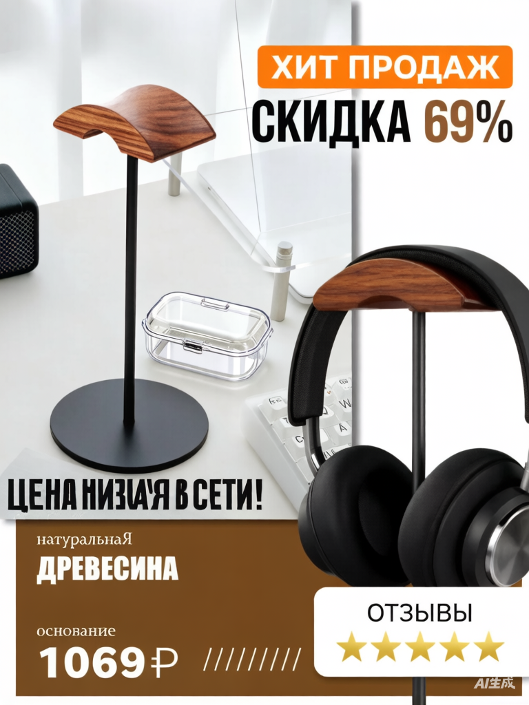 Подставка стойка для полноразмерных наушников, игровой гарнитуры, "Премиум", Алюминий, орех