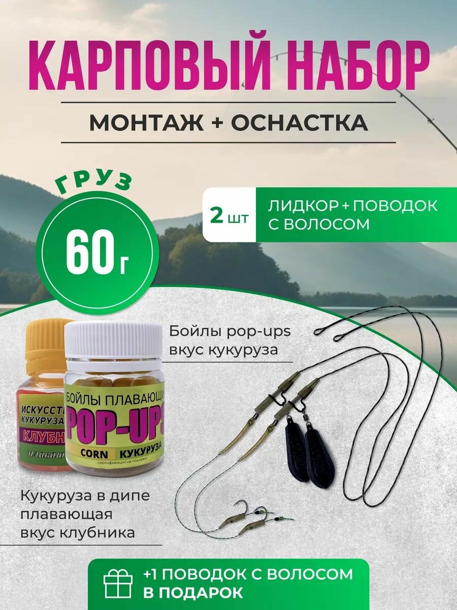 Карповый набор для рыбалки: монтаж с волосом для бойлов и оснасткой, 60 гр, 2 шт
