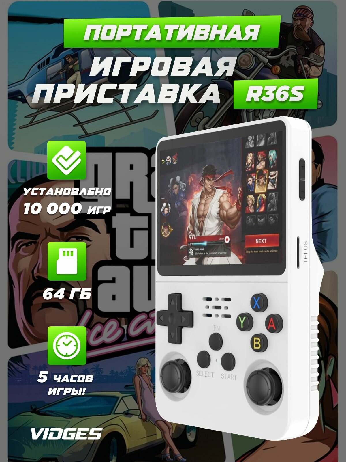 Портативная игровая приставка Vidges R36S для игр PSP, PS1, DreamCast, N64, NDS, NES 64 GB