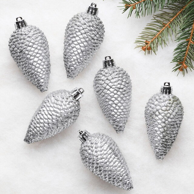Елочная игрушка Шишка Альто - Серебряная 8 см, 6 шт, пластик, Winter Deco, 028571