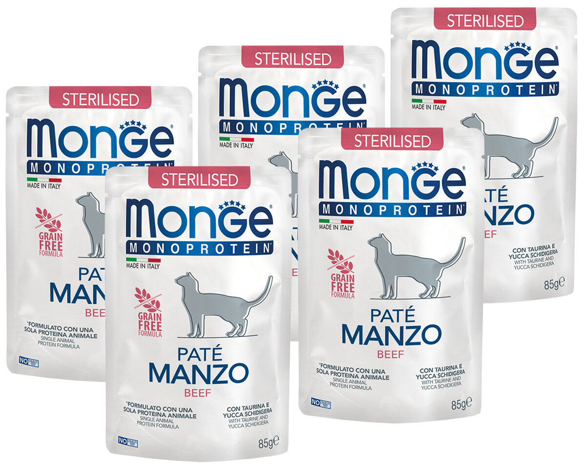 Корм влажный Monge Monoprotein Cat Sterilised монобелковые для взрослых кастрированных котов и стерилизованных кошек с говядиной пауч, 85 г 5 шт