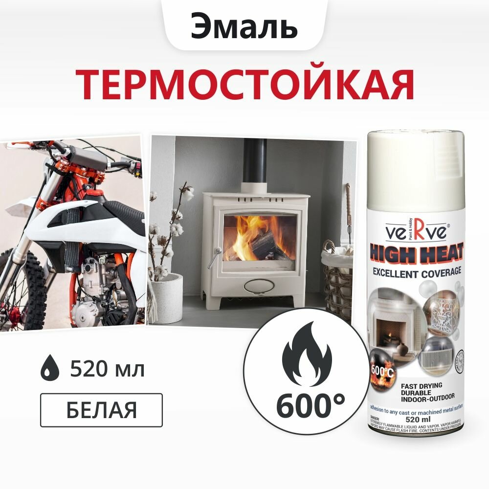 Аэрозольная термостойкая краска Verve High Heat Высокотемпературная до 600 градусов по цельсию, белый спрей 520 мл