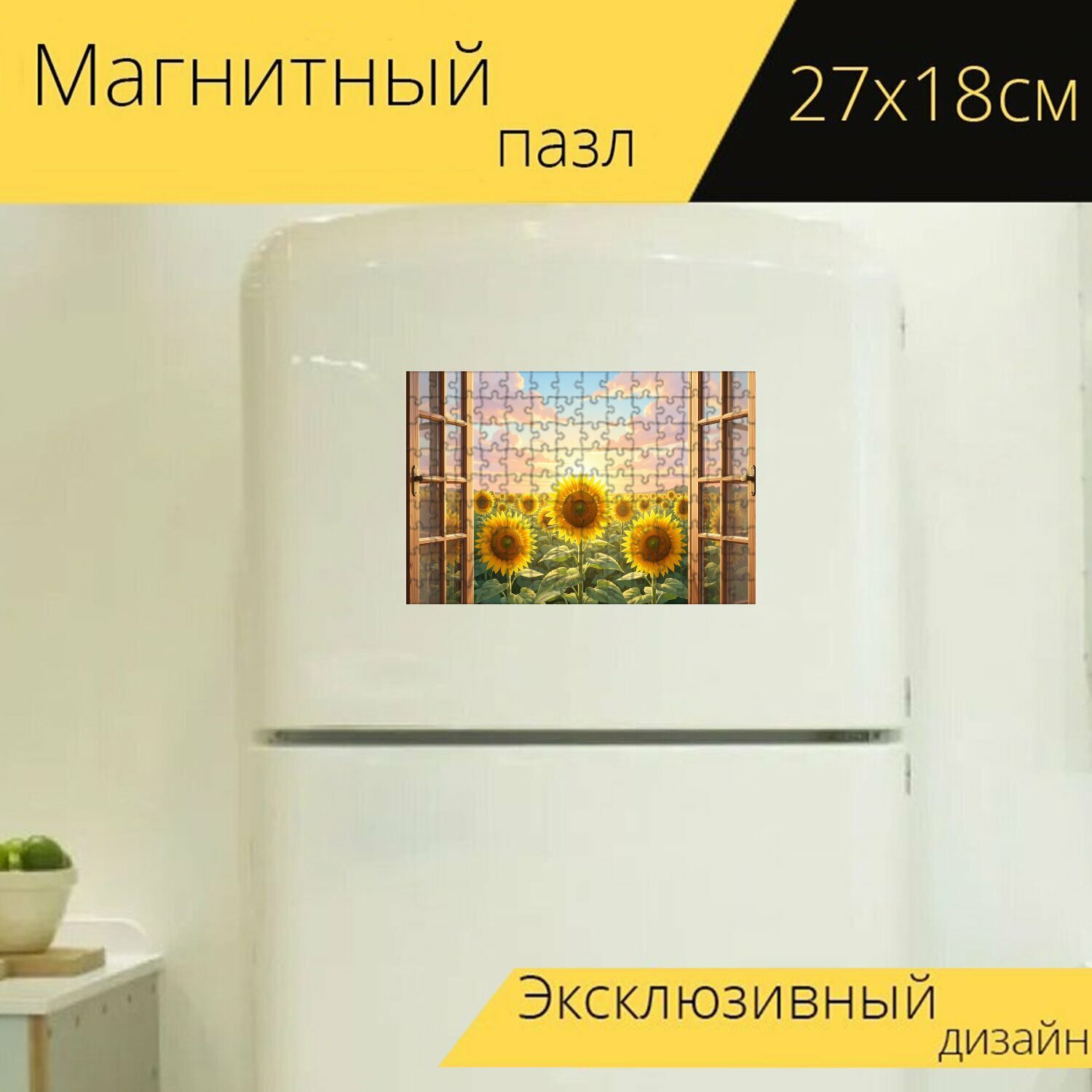 Магнитный пазл "Подсолнухи в лучах заката. Живописное летнее поле с яркими жёлтыми цветами, голубым небом и нежными розово-золотыми облаками. Вид из." на холодильник 27 x 18 см.