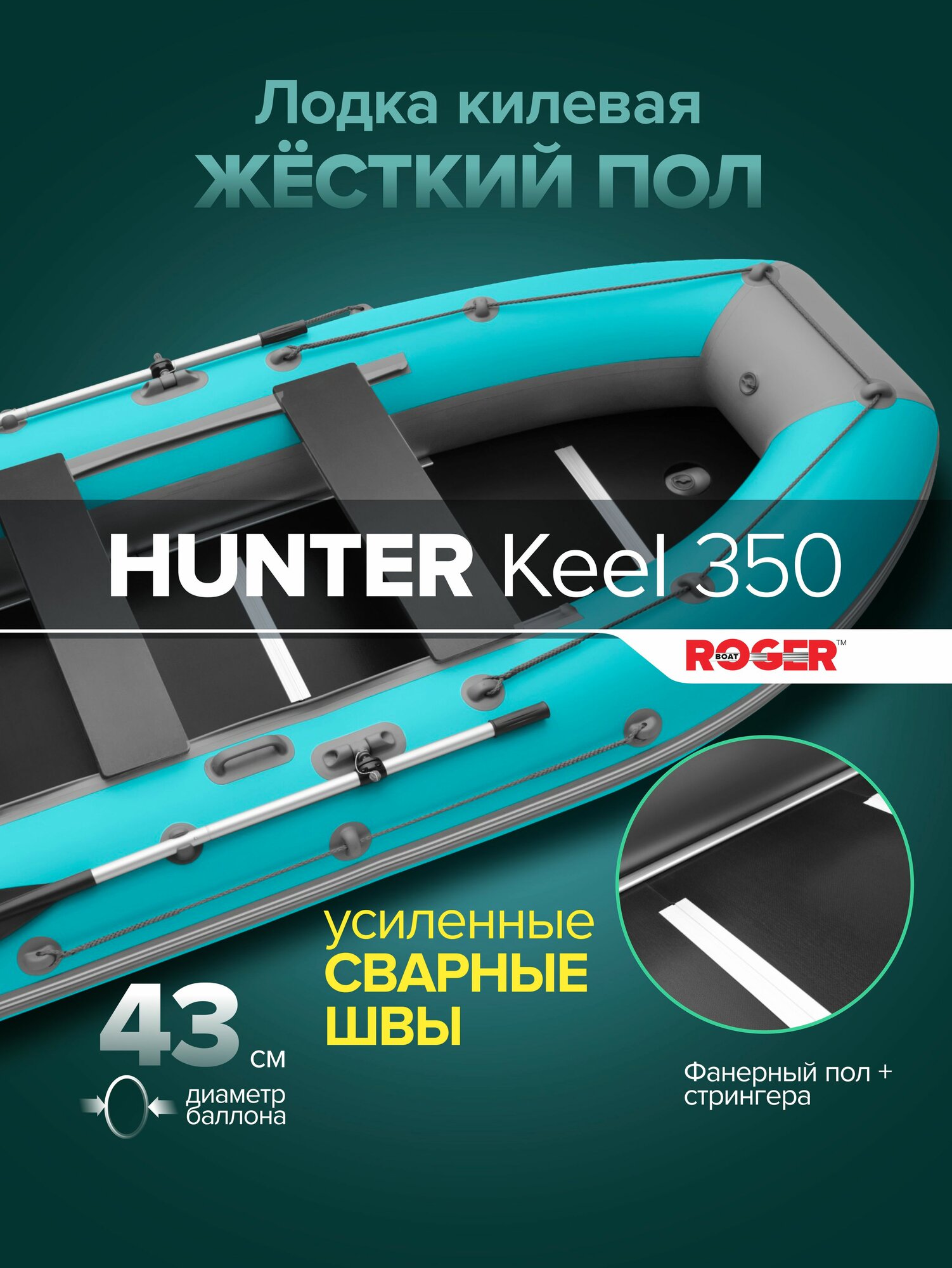 Лодка ПВХ под мотор ROGER Hunter Keel 350, надувная для рыбалки с жестким дном (бирюзовый-серый)