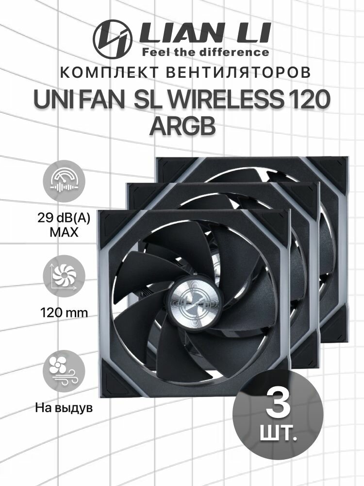 Комплект вентиляторов для корпуса 3 шт. Lian Li UNI FAN SL WIRELESS 120 / 12SL1W1B BLACK / 120x124,5x28мм (PWM, ARGB, 2000 об/мин (Max.), 28.5dBa) / G99.12SL1W1B. R0