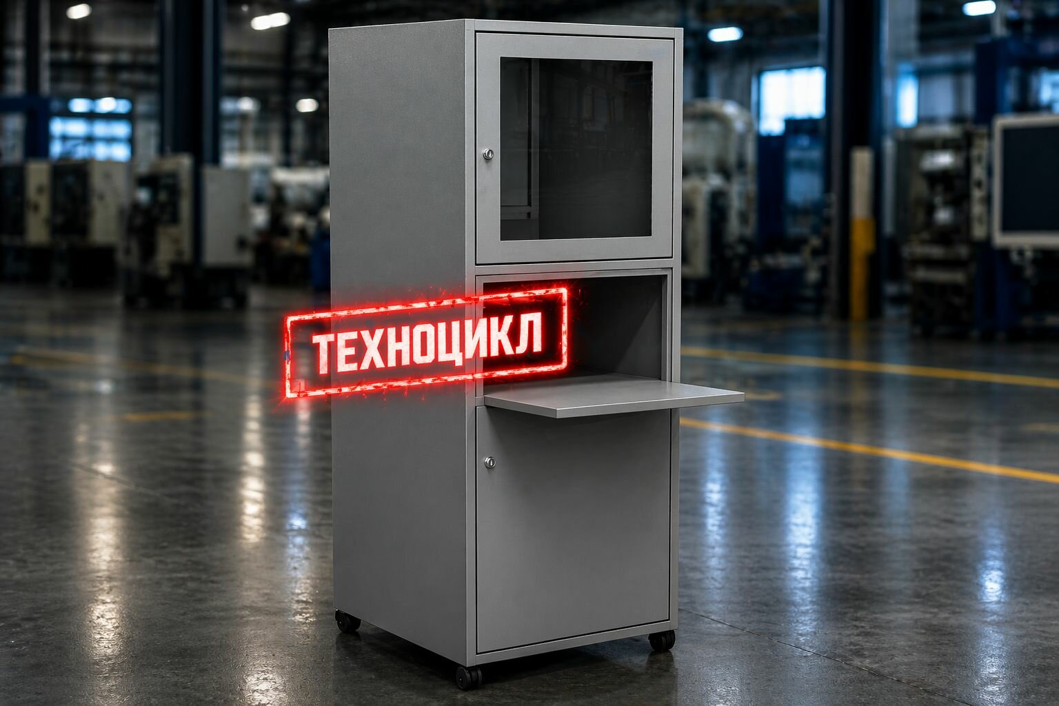 Компьютерный шкаф ШКМ-03 техноцикл 1550х800х650 мм (ВхШхГ), с отдельной нишей под клавиатуру, стальной, RAL 7035, в сборе