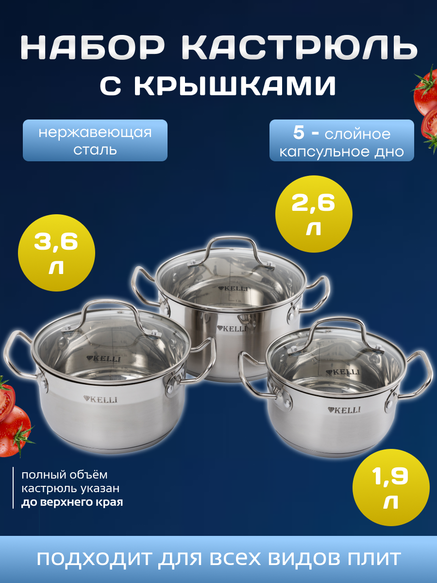 Набор кастрюль KELLI, нержавеющая сталь, капсульное дно, 1.9/2.6/3.6 л 3 шт