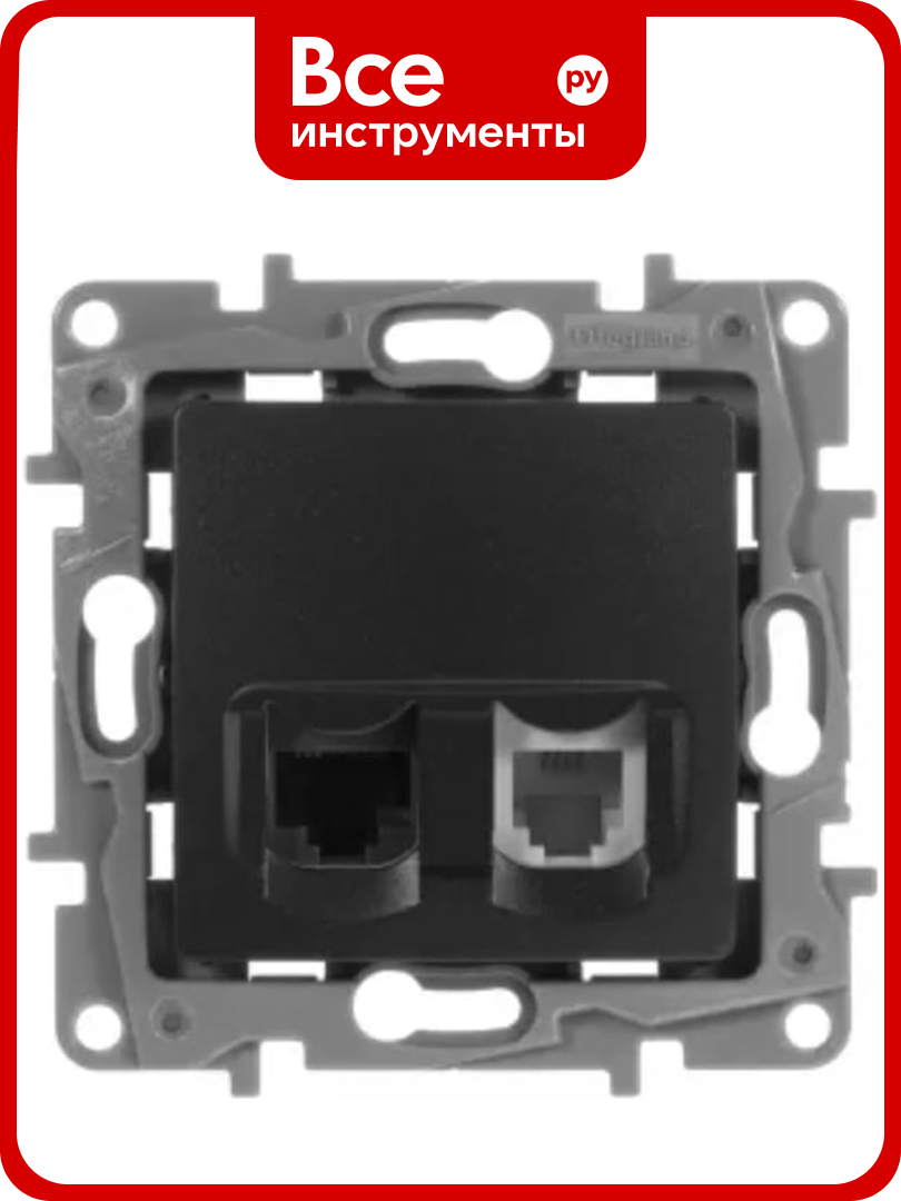Розетка двойная RJ11+RJ45 Legrand Etika, антрацит, степень защиты IP20, компьютерная и телефонная, встраиваемый монтаж