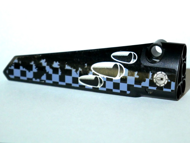 Technic, Panel Fairing # 6 Long Smooth, Side B with Vent Holes, Filler Cap and Worn Sand Blue and Black Checkered Pattern (Sticker) - Set 42002, 64393pb012 Black U