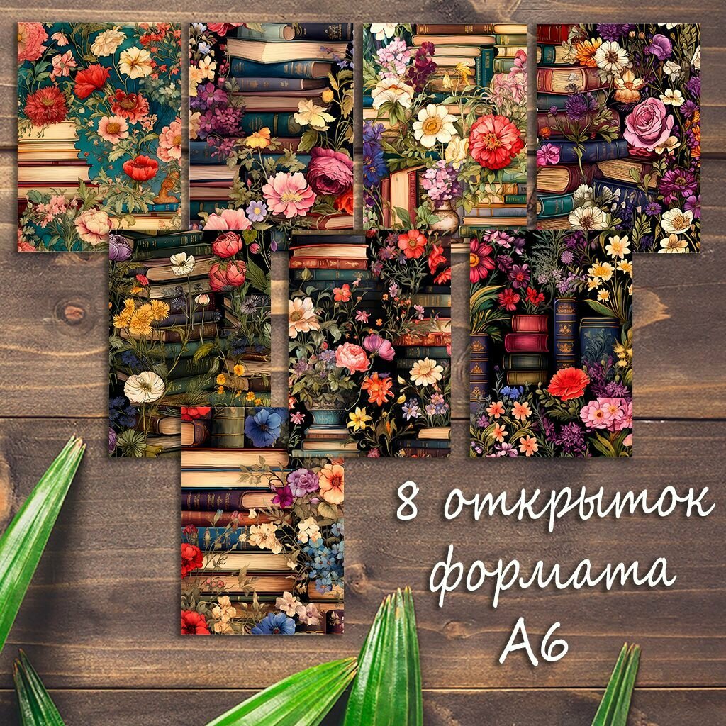 Большой набор открыток Книги, библиотека, 8 штук