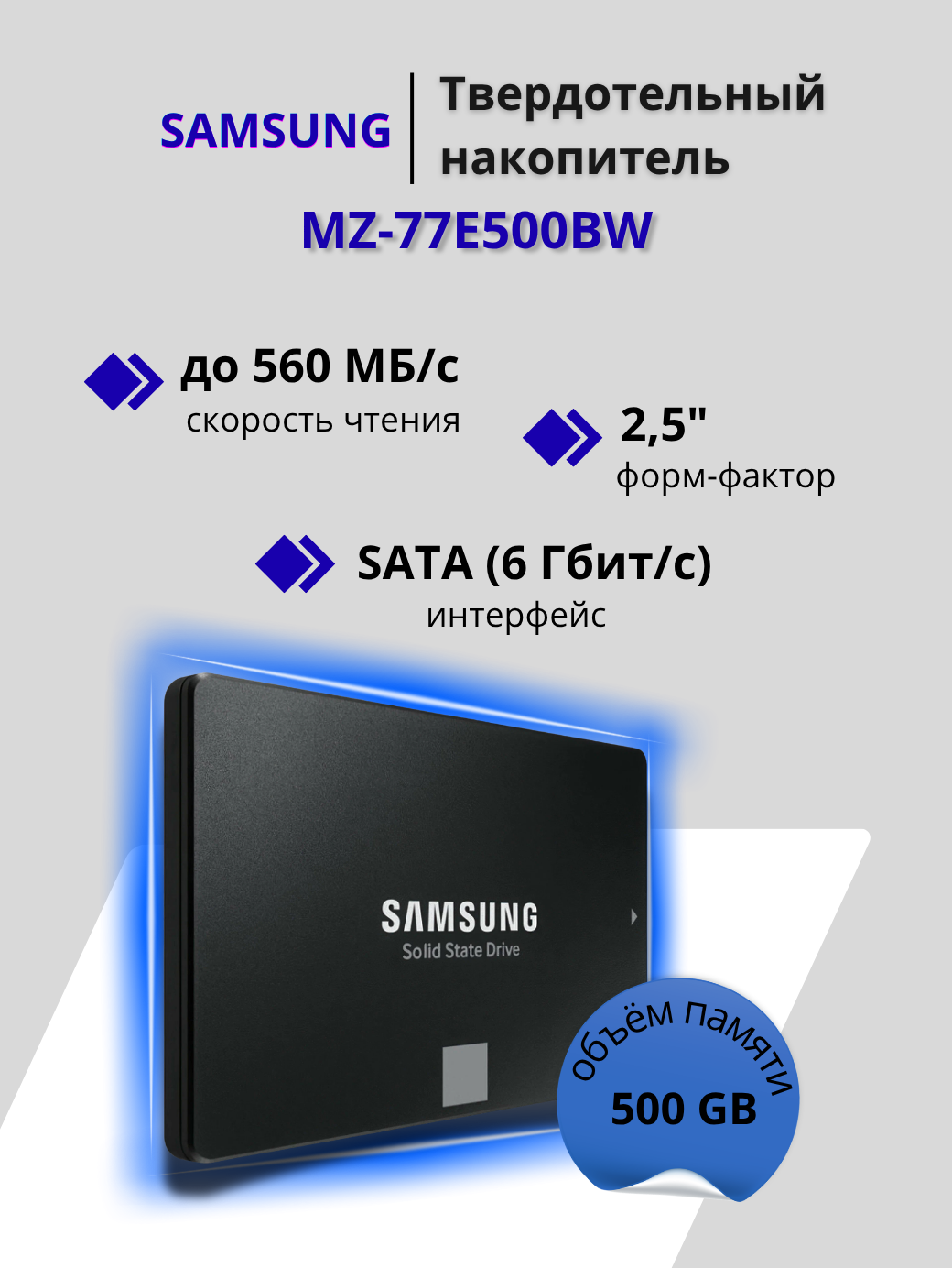 Твердотельный накопитель Samsung SSD 870 EVO 500ГБ, 2.5 SATA3 (MZ-77E500BW)