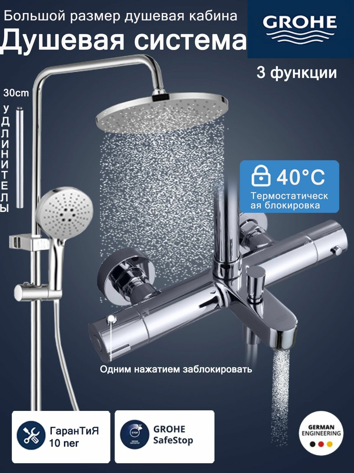 Душевая система GROHE "Large Platform", хром, 3 режима, термостат, латунь