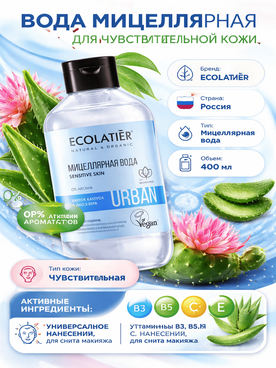 Вода мицеллярная Ecolatier для чувствительной кожи с кактусом и алоэ, 400мл