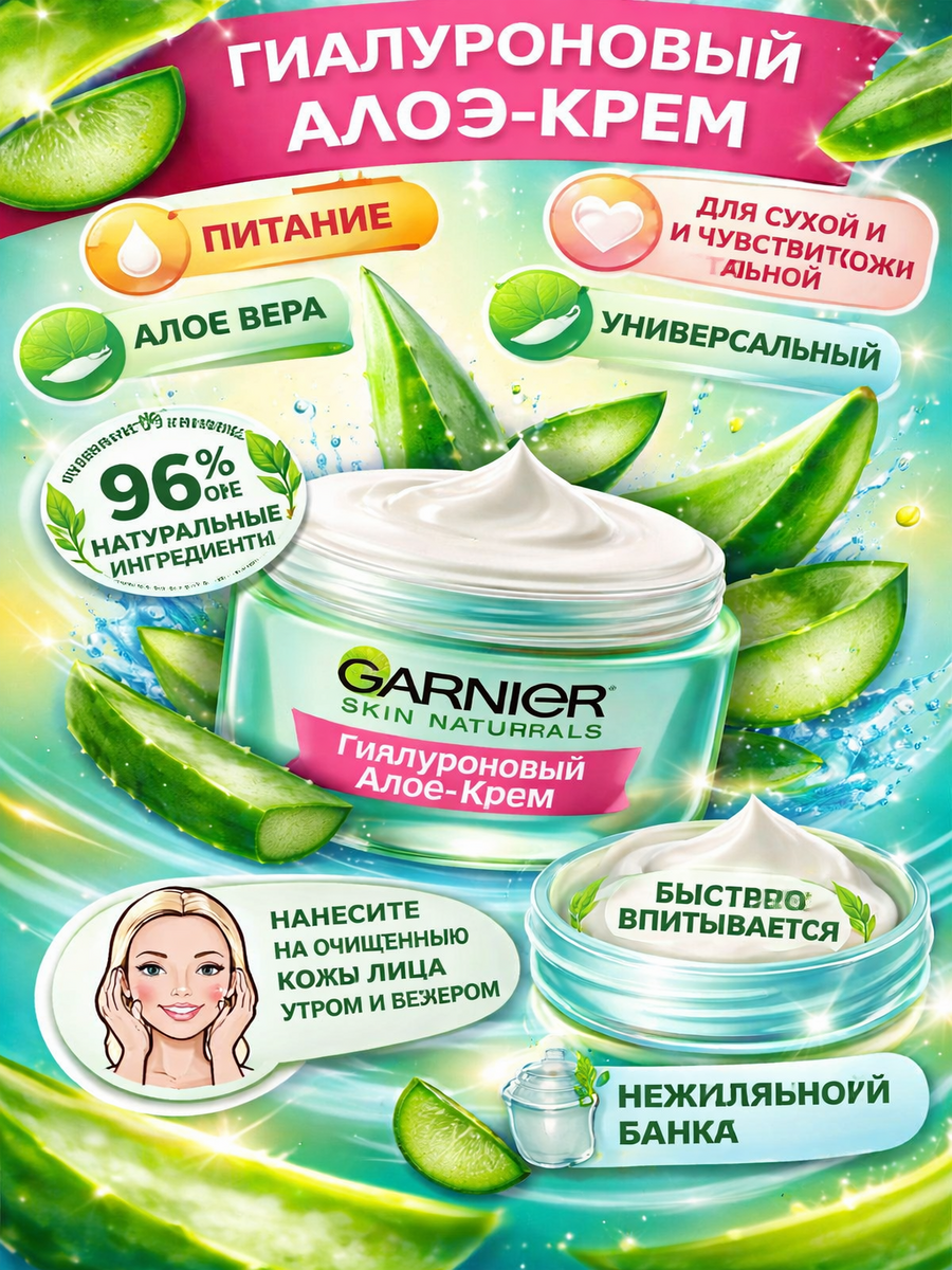 Гель-крем для лица Garnier Skin Naturals Питательный гиалуроновый для сухой и чувствительной кожи, 50мл