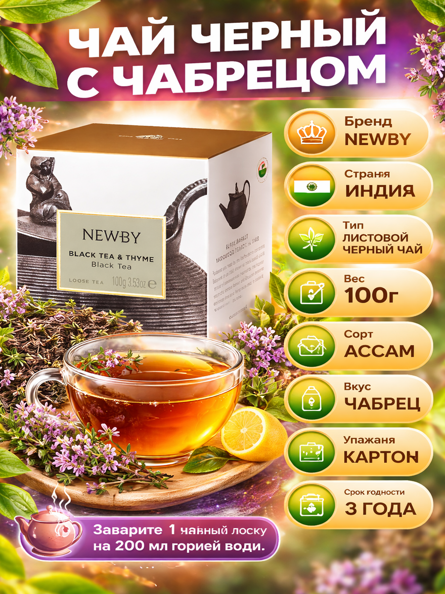 Чай черный Newby с чабрецом листовой, 100г
