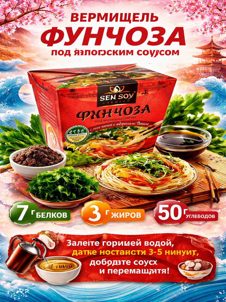 Вермишель Sen Soy Фунчоза под японским соусом с мисо-пастой и Вакаме, 125г