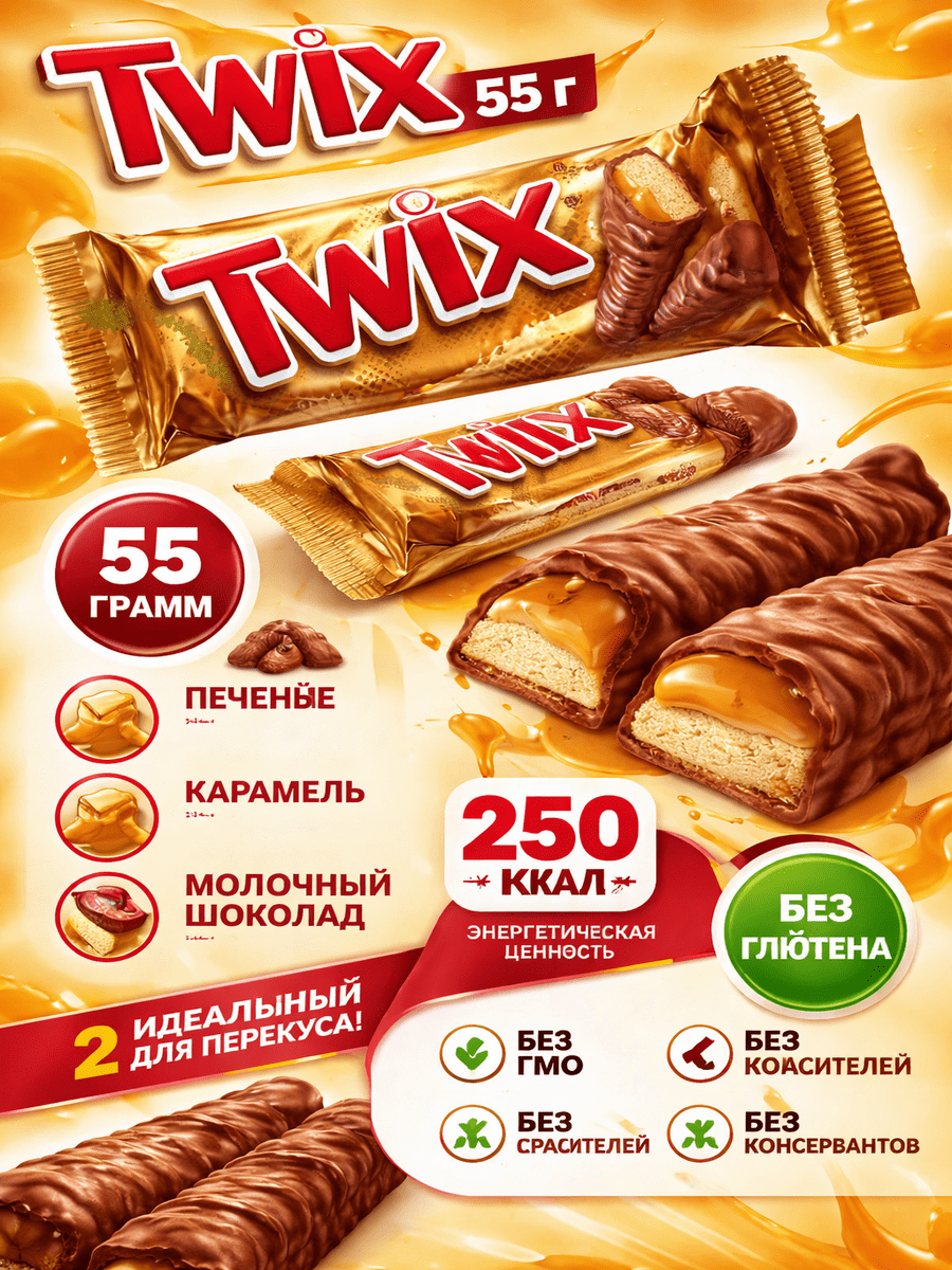 Батончик шоколадный Twix 55г x 2 упаковки