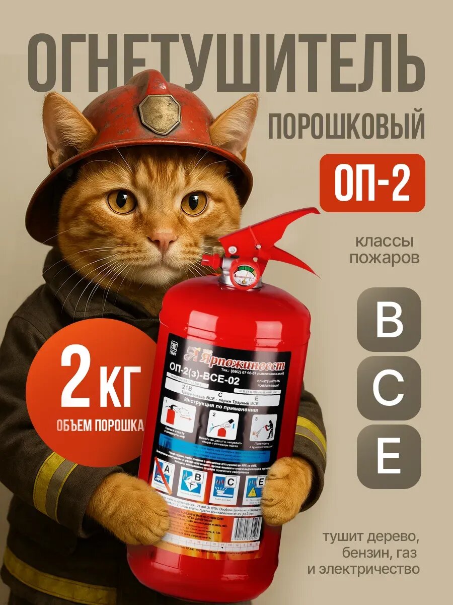 Огнетушитель Ярпожинвест, порошковый, ОП-2(з) (В, С, Е), автомобильный, 2л