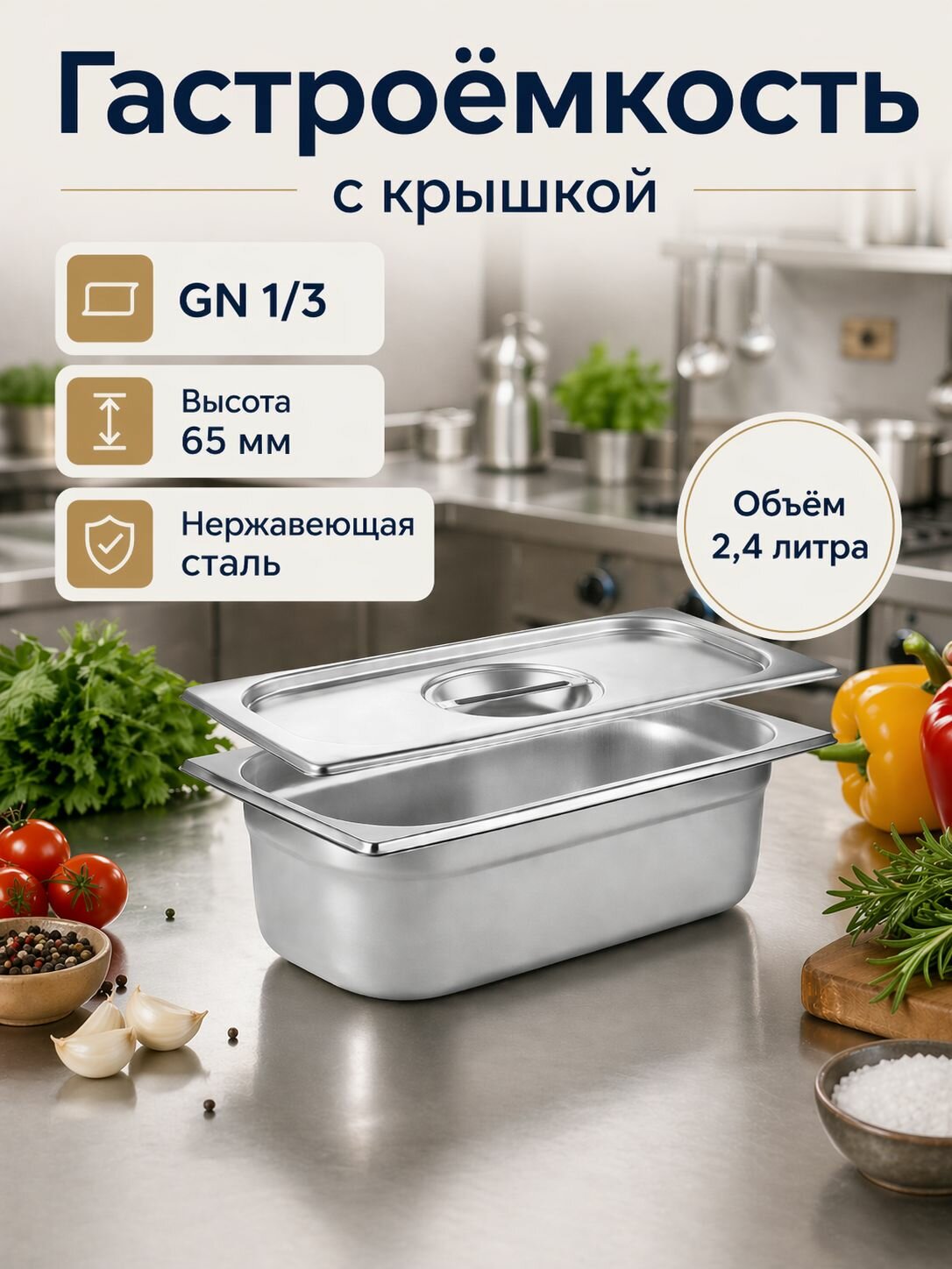 Гастроемкость GN 1/3 65 мм с крышкой, нержавеющая сталь