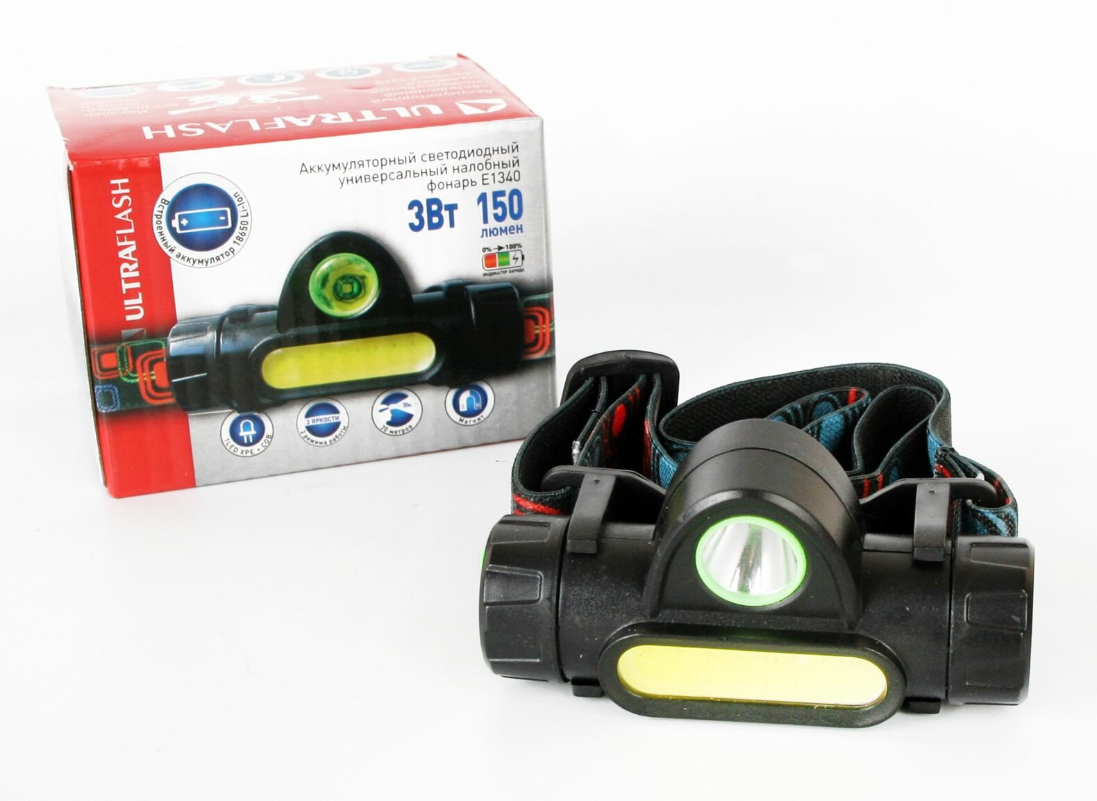 Налобный фонарь аккумуляторный фонарь кемпинговый 18650 / Ultraflash / 3,7 вольт, 2 режима