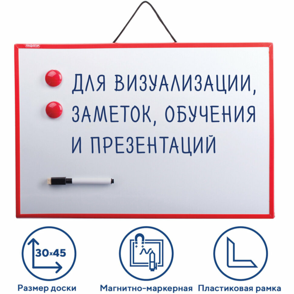 Доска магнитно-маркерная 30х45 см, гарантия 10 ЛЕТ, пифагор, 231719, 231719