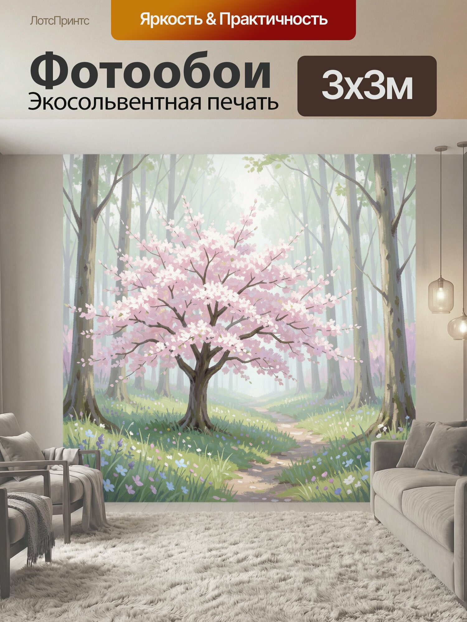 Фотообои "Сакура в весеннем лесу. Нежная пастельная лесная сцена с розовым цветущим деревом, туманными высокими стволами и тропинкой среди." 300x300 см. экосольвентная печать