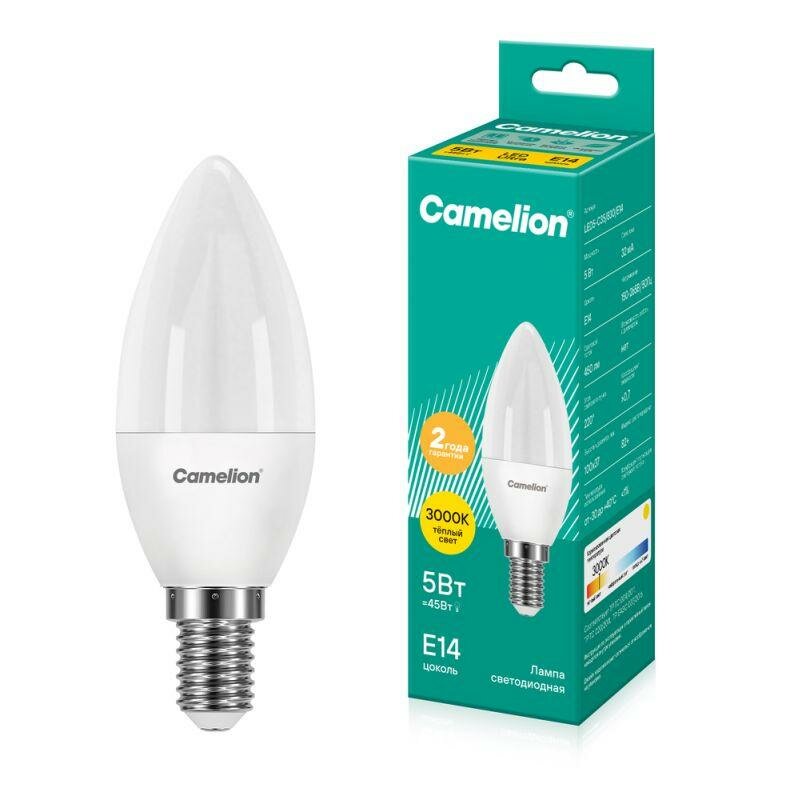 Лампа светодиодная LED5-C35/830/E14 5Вт свеча матовая 3000К тепл. бел. E14 410лм 170-265В Camelion 12031