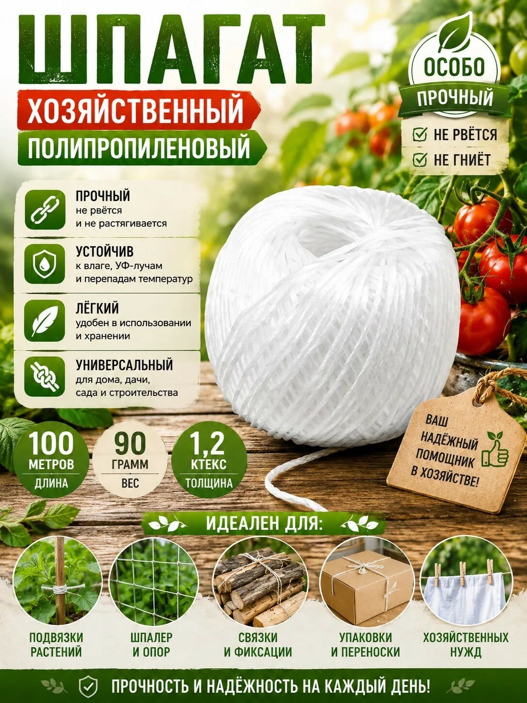 Шпагат полипропиленовый 100м, 90г, 1,2 ктекс , белый особо прочный, для хозяйства и строительства