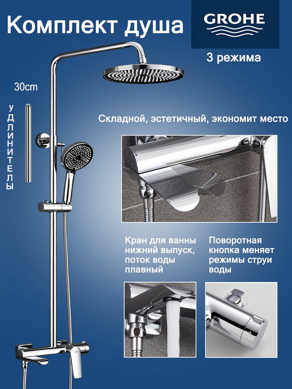 Душевой комплект GROHE с ручным душем, верхним душем и удлинителем длиной 30 см, хром