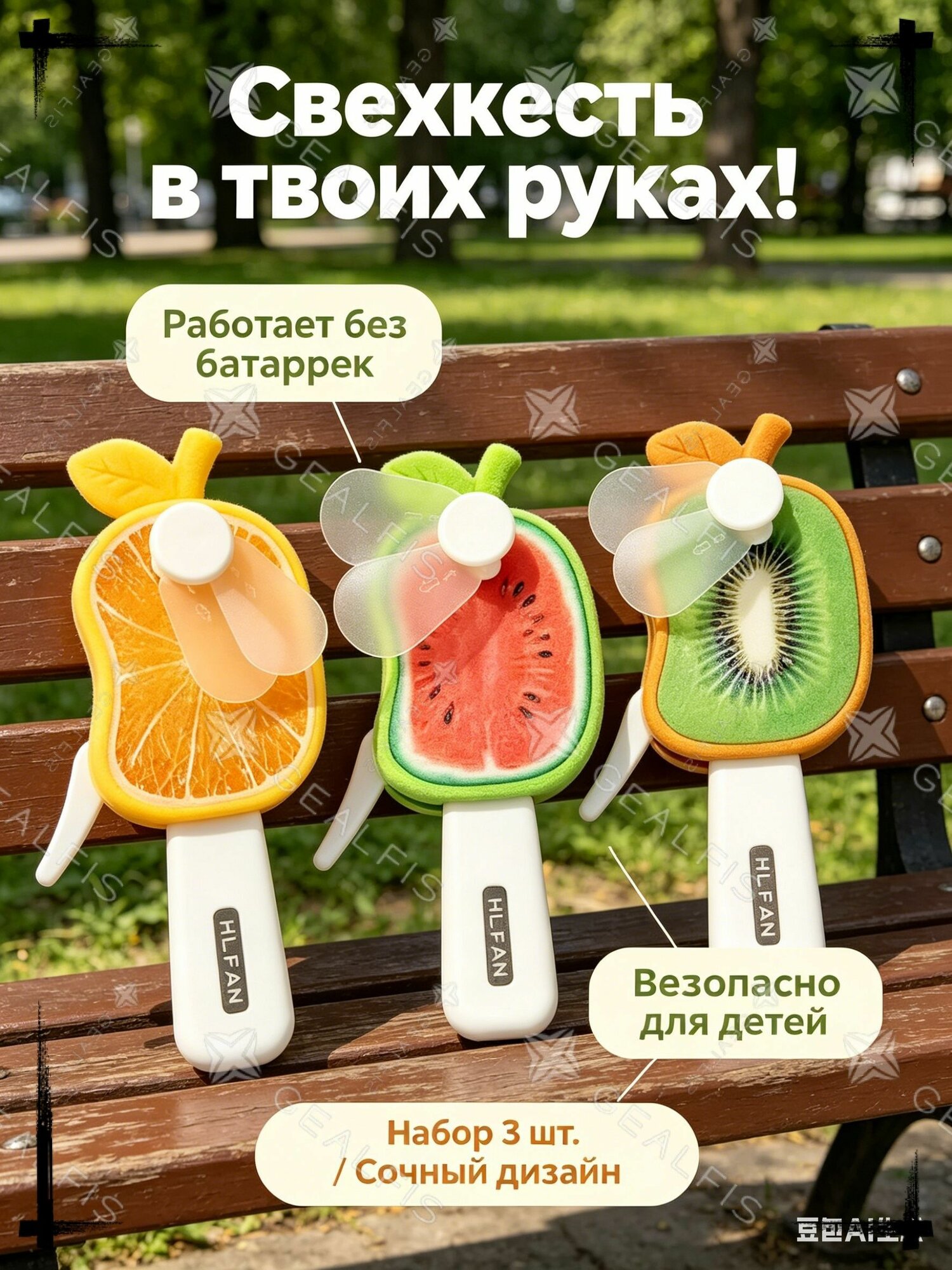Настольный вентилятор Набор ручных вентиляторов фрукты механические 3 штуки, оранжевый, зеленый
