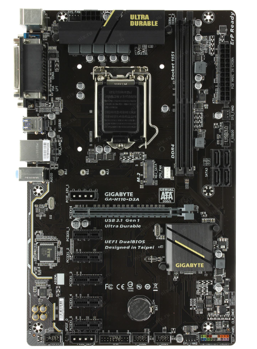 Материнская плата S-1151 Gigabyte GA-H110-D3A REV:1.0, H110/2xDDR4/6xPCI-E/Lan/USB3.0/COM/LPT/VGA/Sb/ATX, с планкой
