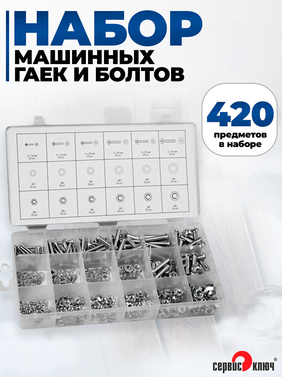 Набор машинных гаек и болтов 420 предметов, Сервис Ключ