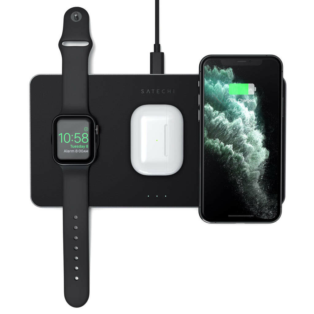 Беспроводное зарядное устройство для iPhone, AirPods и Apple Watch Satechi Trio, ST-X3TWCPM, серый космос
