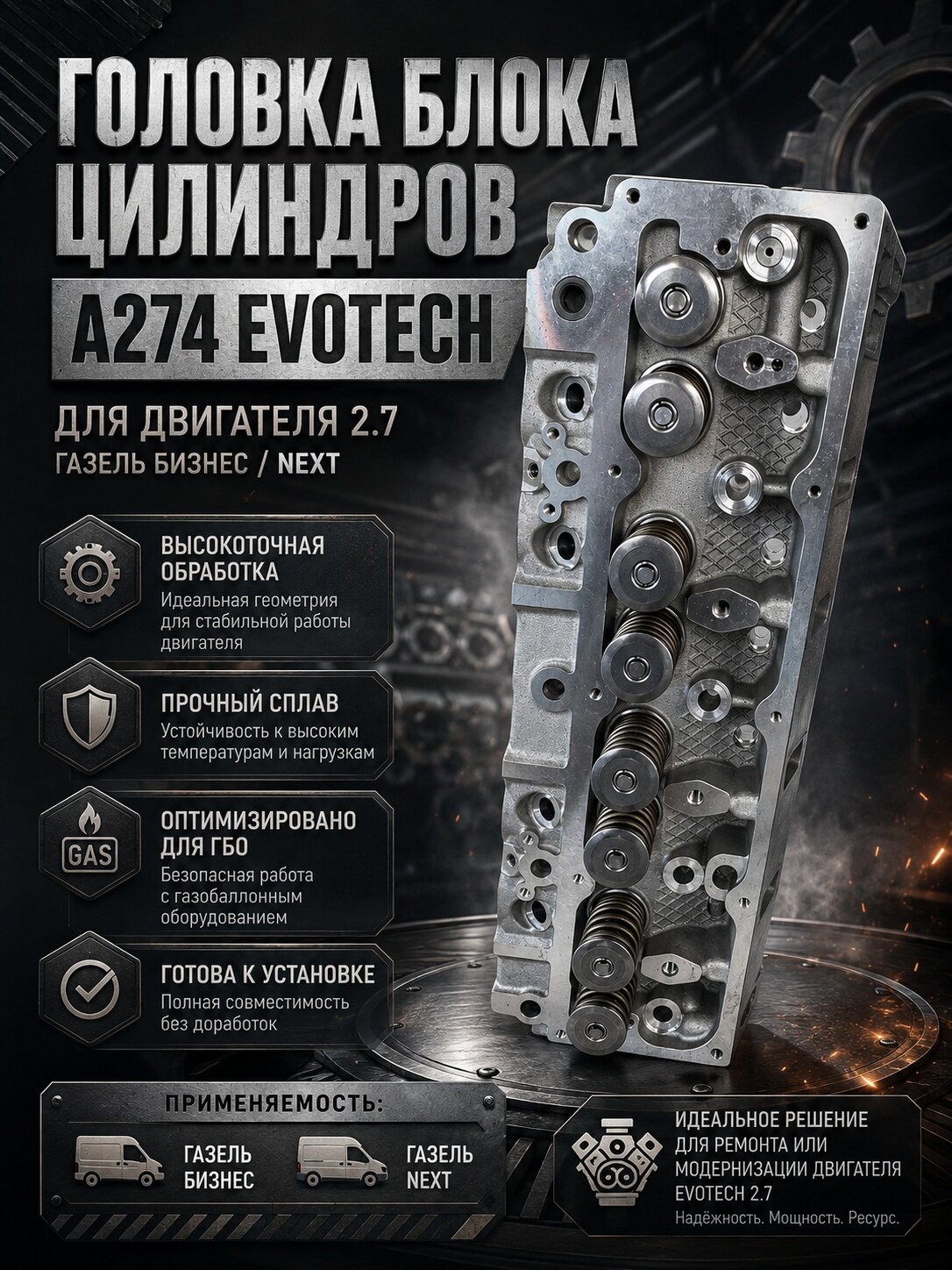 Головка блока цилиндров EVOTECH A274, для ГАЗ Газель, 2,7, новая, под ГБО