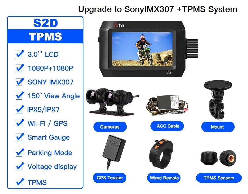 Мото видеорегистратор S2D TPMS 3.0" LCD, 1080P+1080P, Sony IMX307