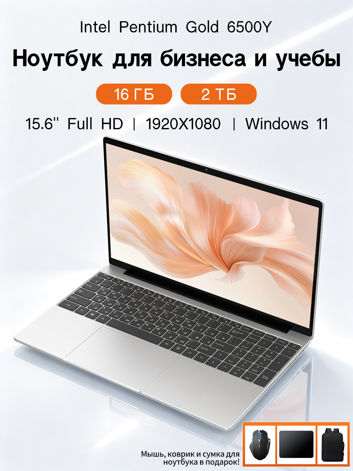 Ноутбук PWR, экран 1920х1080 IPS 15,6", RAM 16ГБ, SSD 2ГБ, Windows 11 Pro, серебристый