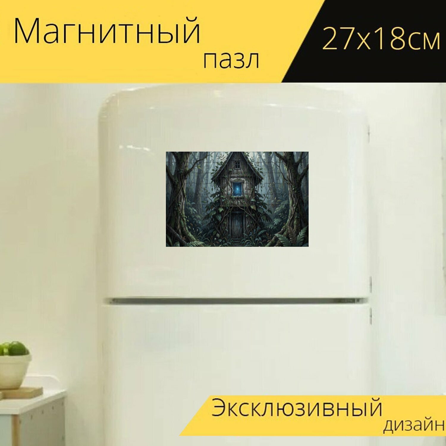 Магнитный пазл "Затерянный дом в лесу. Таинственная хижина среди густых джунглей, оплетённая лианами и ветвями, с холодным голубым светом в окне. Мрачная." на холодильник 27 x 18 см.