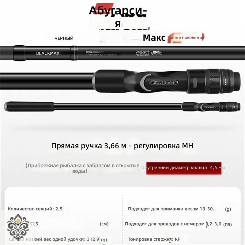 Удочка спиннинговая Abu Garcia BLACK MAX 3.66 м, прямая рукоять, тест MH, для дальнего заброса с берега