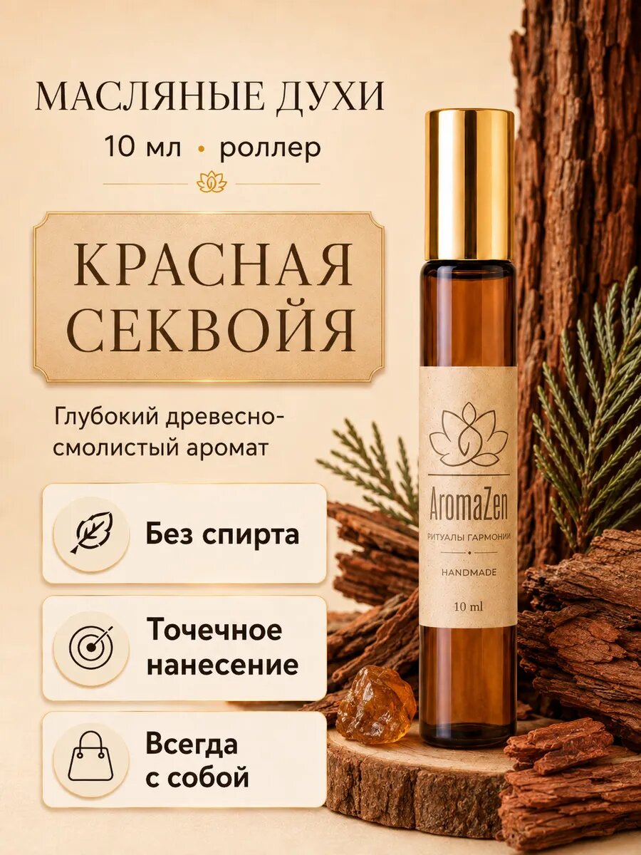 Масляные духи роллер "Красная секвойя", женские, без спирта, шариковые, 10 мл