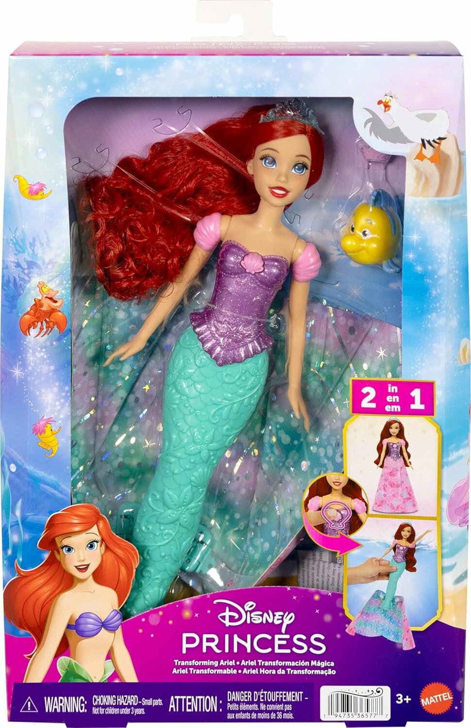 Принцесса Disney Ариэль из человека превращается в русалку, превращающуюся в модную куклу с камбалой и двумя аксессуарами