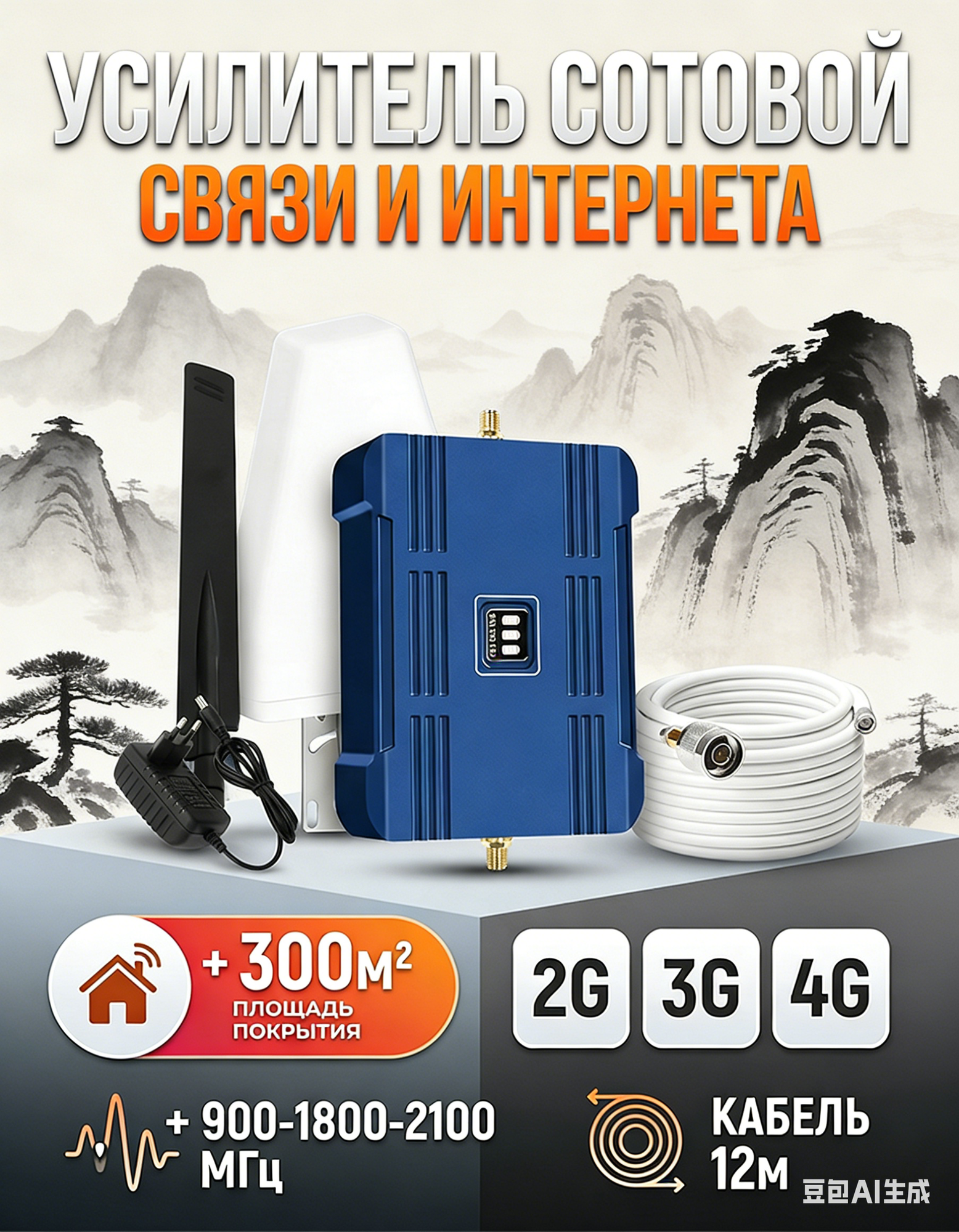 Усилитель сотовой связи 900/1800/2100 МГц (2G/3G/4G): до 70 км, направленный, синий, 1.3 кг