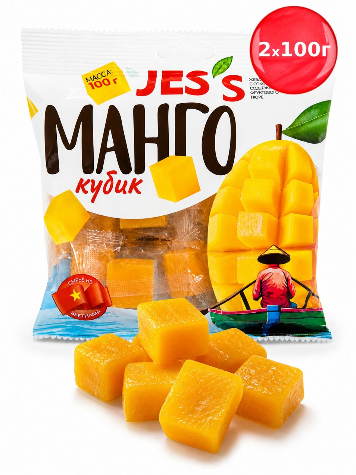 Жевательная конфета Jess со вкусом манго (кубики), 100 г х 2 шт