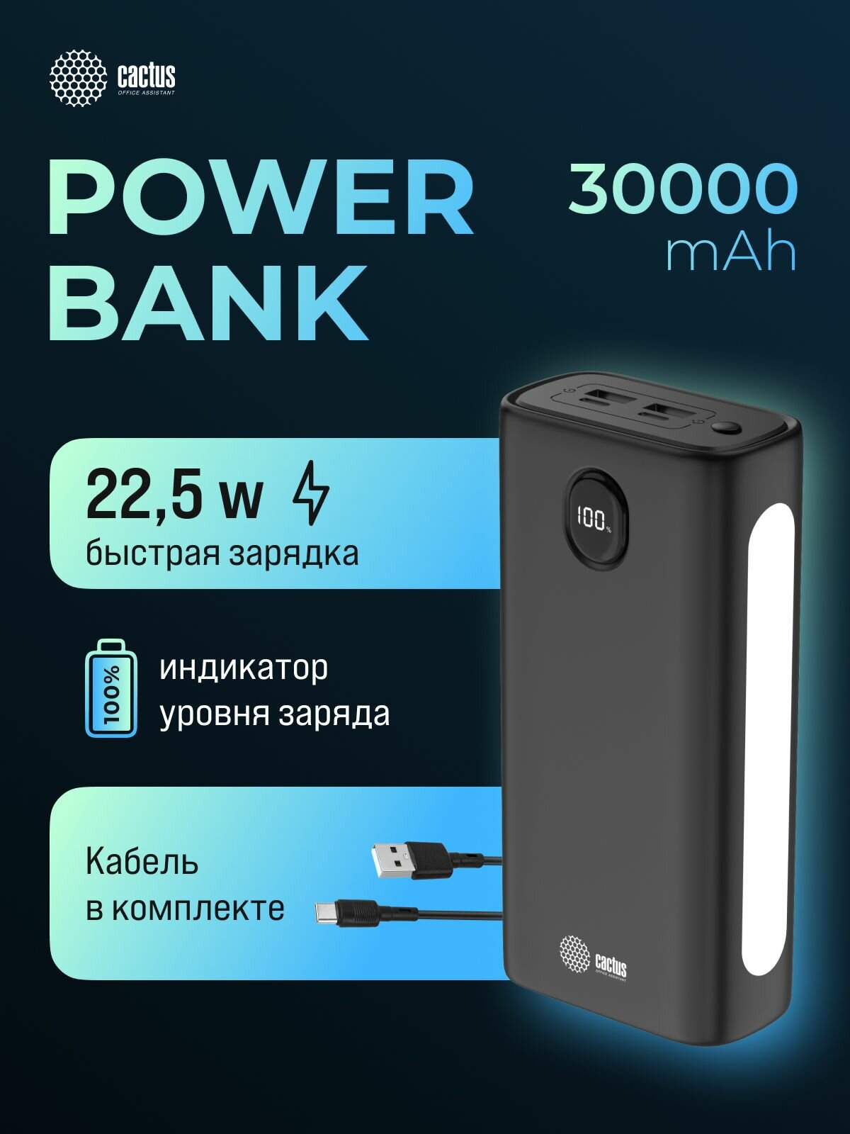 Внешний аккумулятор, повербанк 30000mAh Cactus CS-PBFSJA-30000, черный