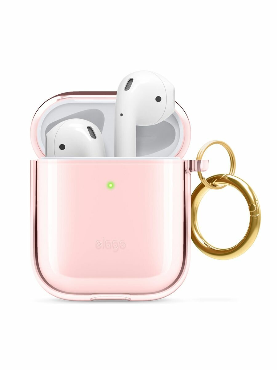 Чехол Elago Clear для беспроводных наушников Apple Airpods 1 / 2 / на Эпл Аирподс / кейс силиконовый с золотистым карабином, прозрачно-розовый